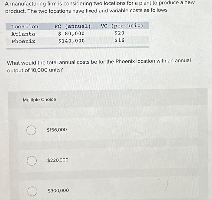 Solved A manufacturing firm is considering two locations for | Chegg.com