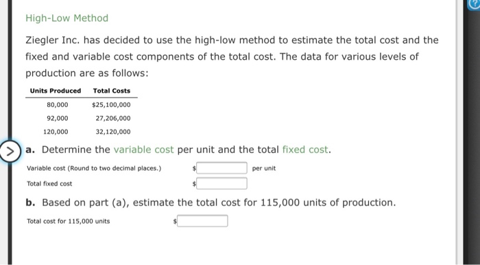 Solved High-Low Method Ziegler Inc. has decided to use the | Chegg.com