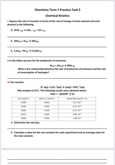 Solved Chemistry Term 1 Practice Task 3 Chemical Kinetics 1. | Chegg.com