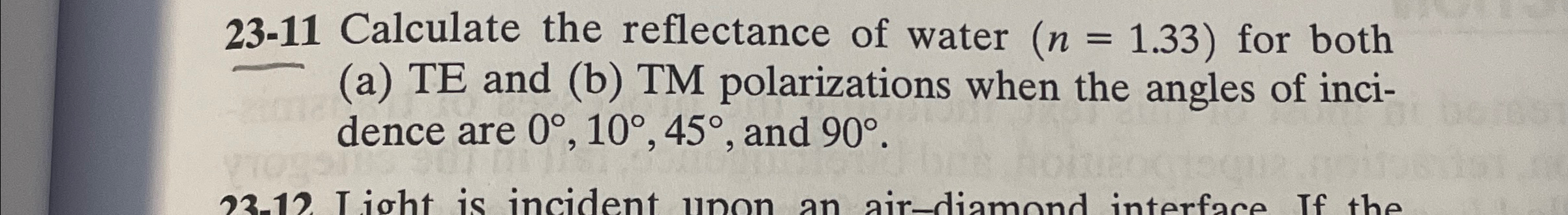 Solved 23-11 ﻿Calculate the reflectance of water )=(1.33 | Chegg.com
