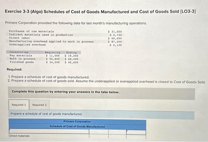 Solved Exercise 3-3 (Algo) Schedules of Cost of Goods | Chegg.com