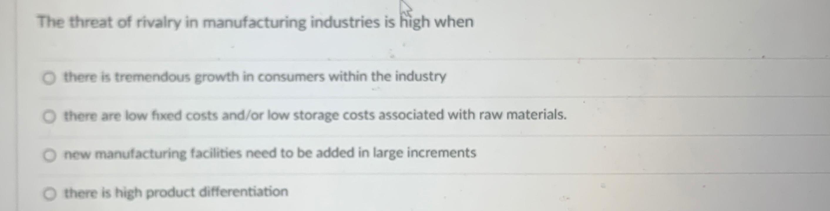 Solved The threat of rivalry in manufacturing industries is | Chegg.com