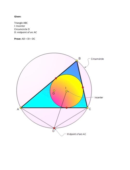Solved Triangle ABCI: Incenter Circumcircle OD: midpoint of | Chegg.com