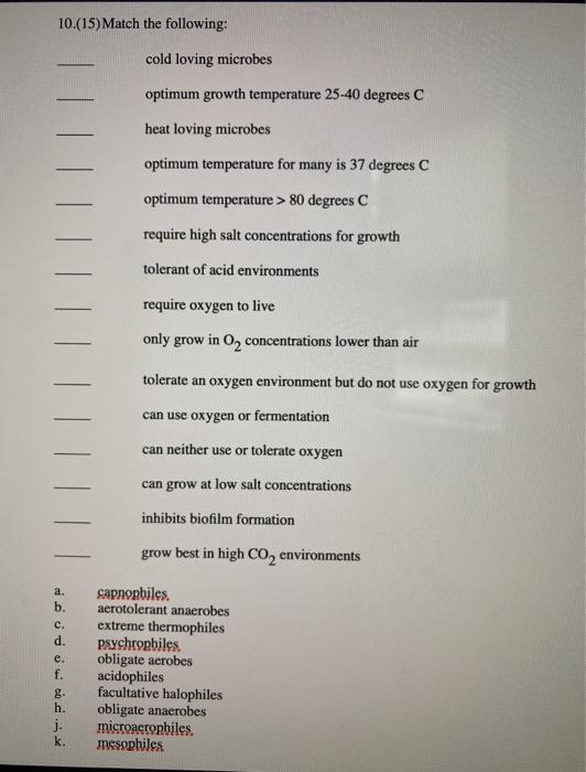 Solved 10.(15) Match the following: cold loving microbes | Chegg.com
