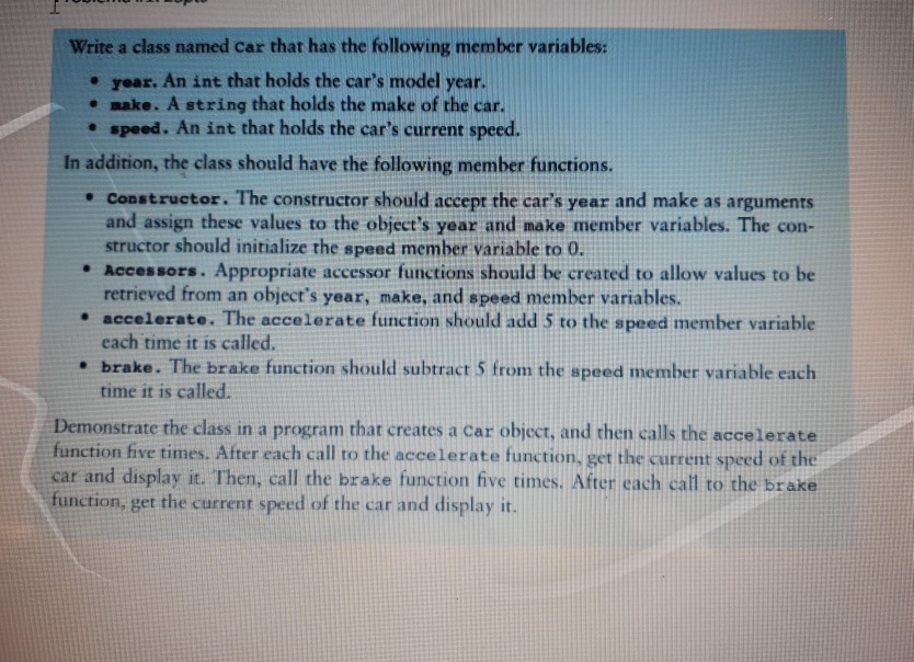 Solved Write a class named car that has the following member | Chegg.com