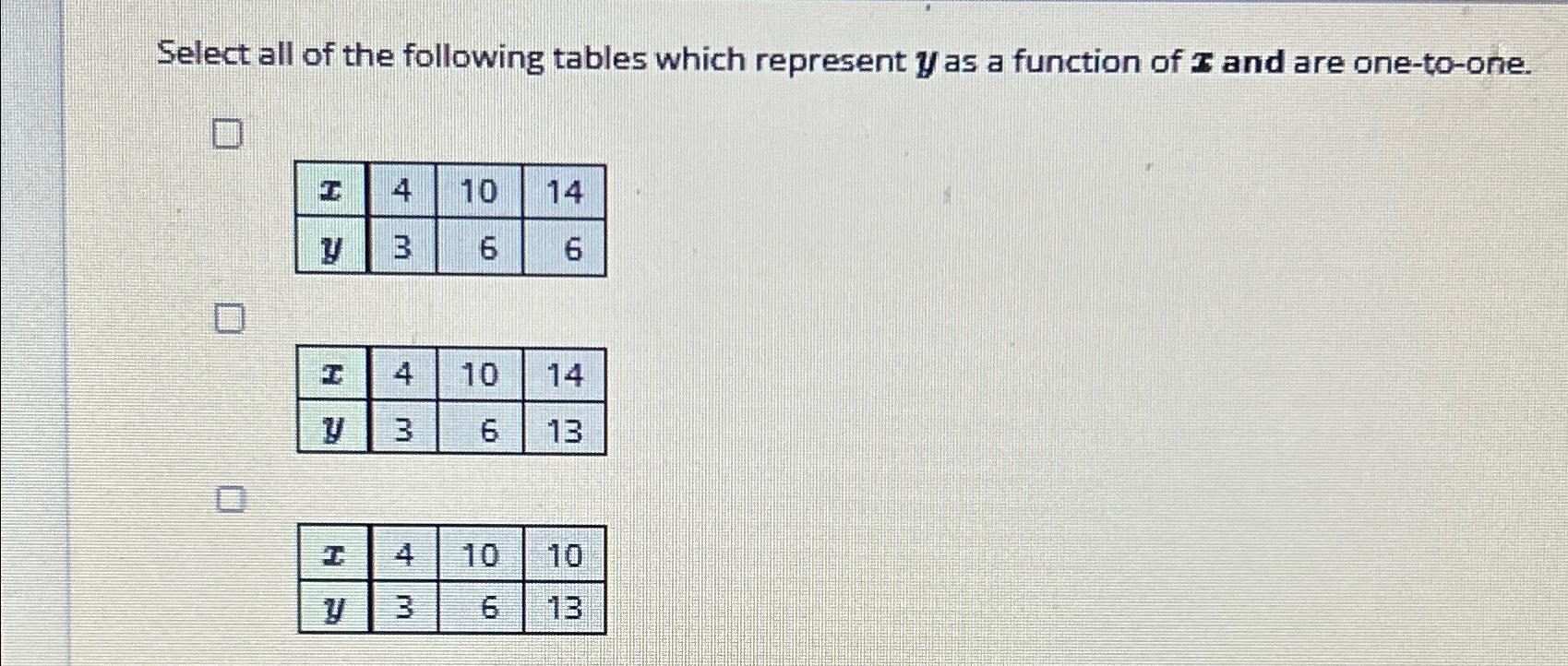 Solved Select all of the following tables which represent y | Chegg.com