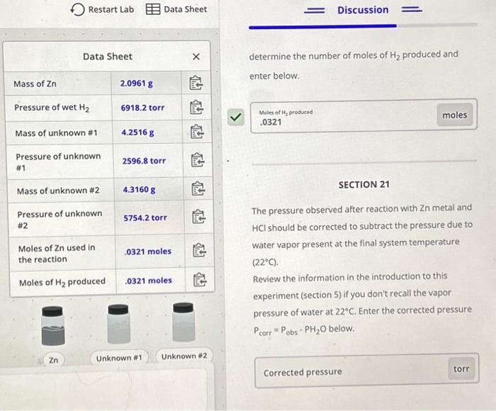 Solved Mass of Zn Restart Lab Data Sheet Data Sheet Pressure | Chegg.com