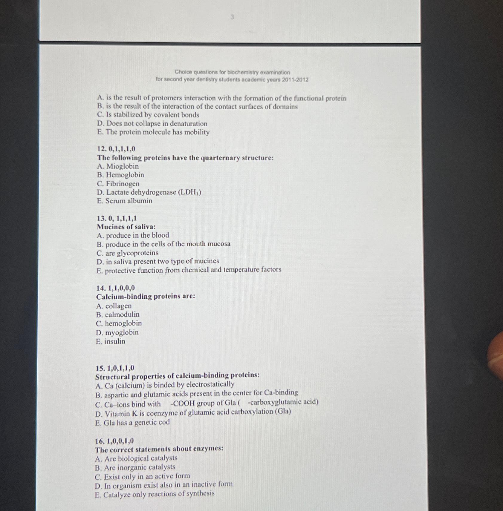 Solved 3Choice questions for biochemistry examination for | Chegg.com