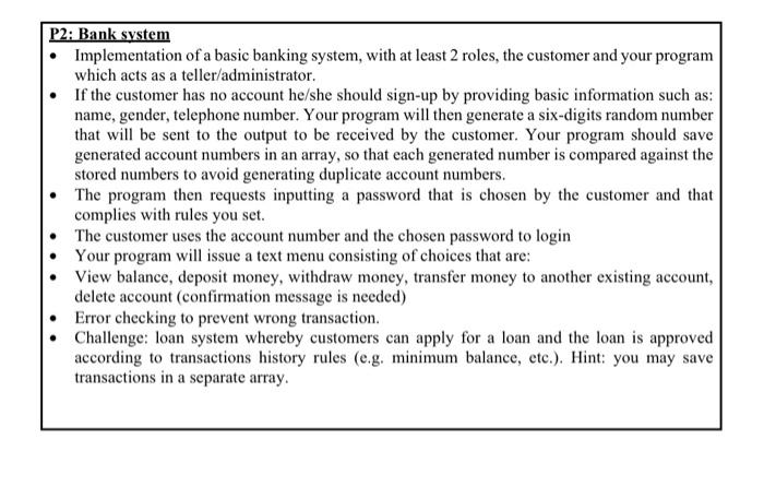 Solved P2: Bank system Implementation of a basic banking | Chegg.com