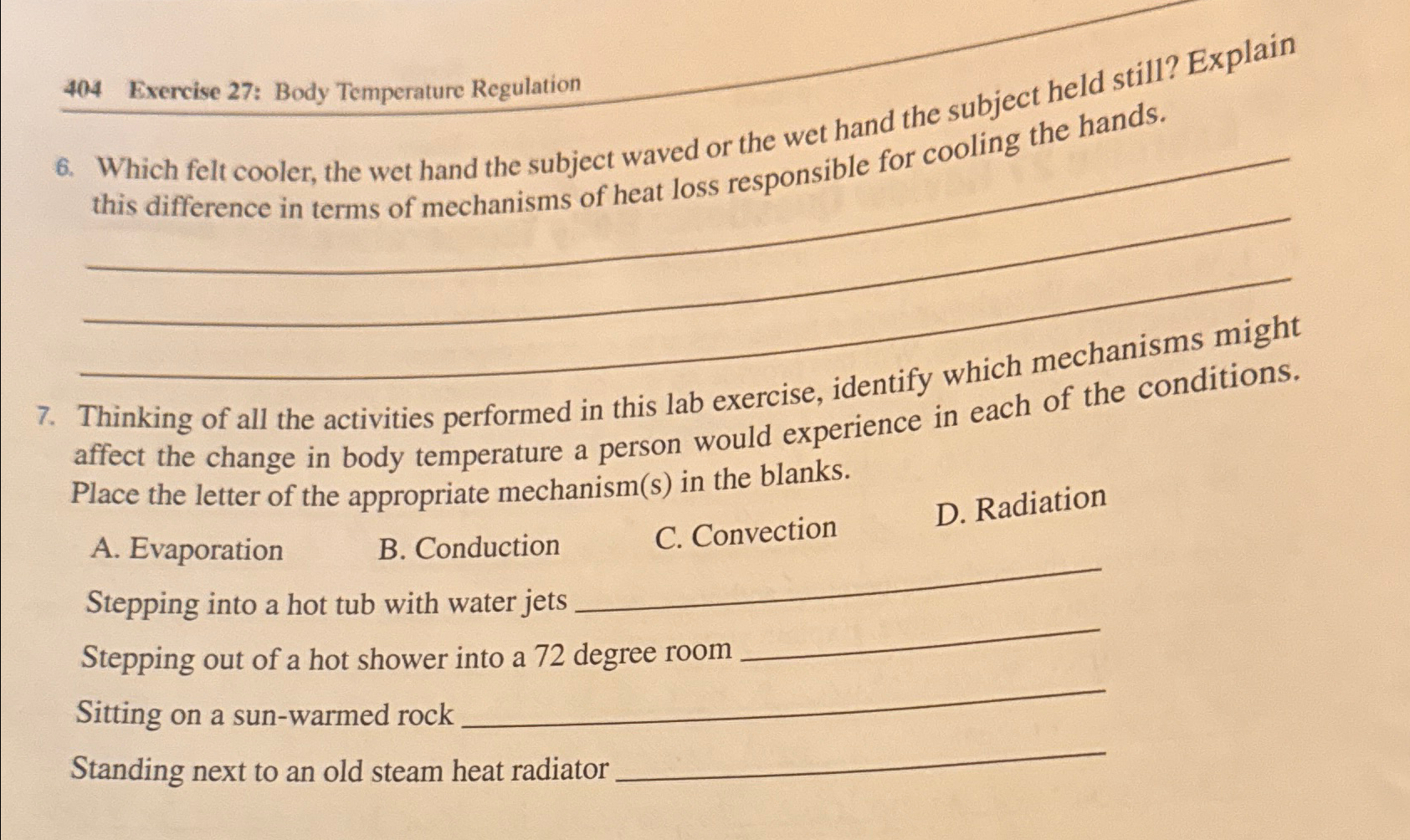 Solved Exercise 27: Body Temperature Regulation6. ﻿Which | Chegg.com