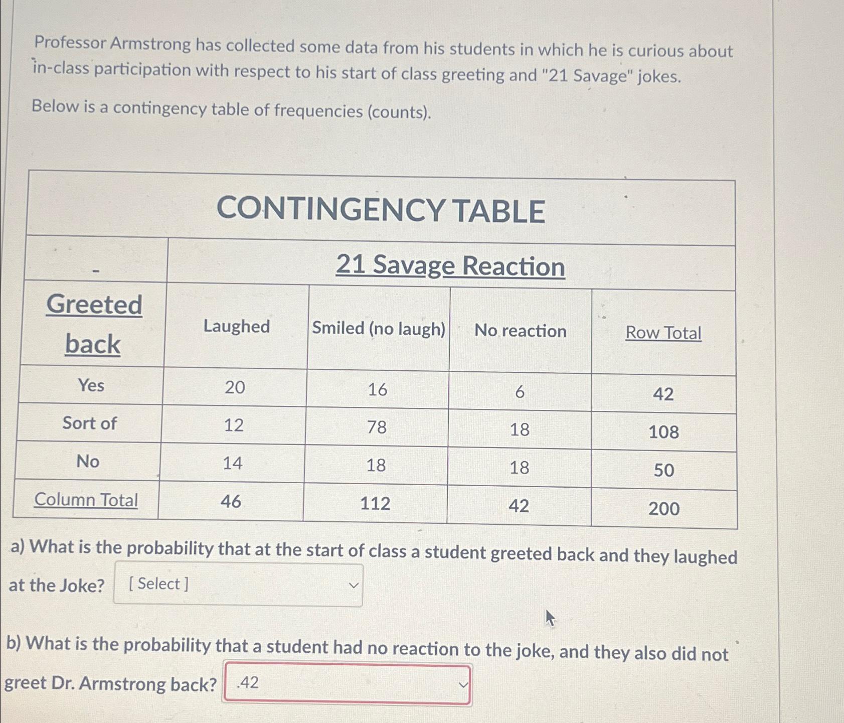 Solved Professor Armstrong has collected some data from his | Chegg.com