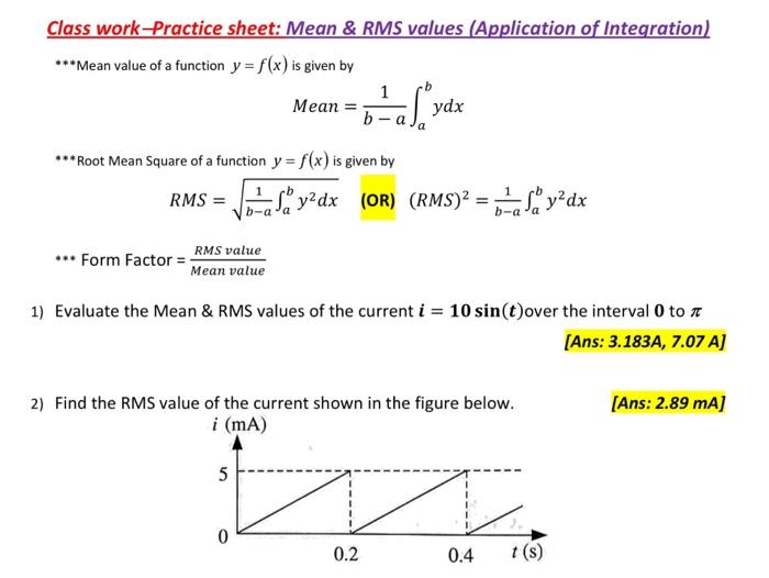 Solved Class Work Practice Sheet Mean And Rms Values