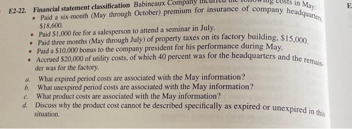 Solved E2-22. Financial statement classification Babineaux | Chegg.com