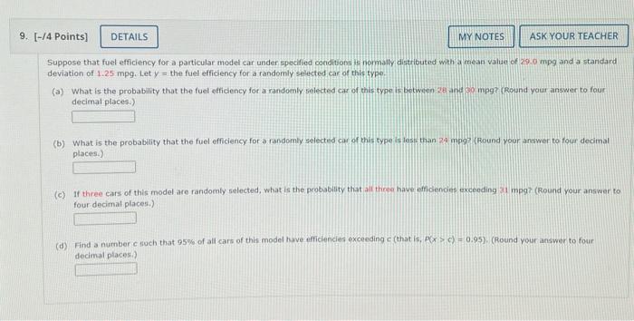 Solved Suppose that fuel efficiency for a particular model | Chegg.com