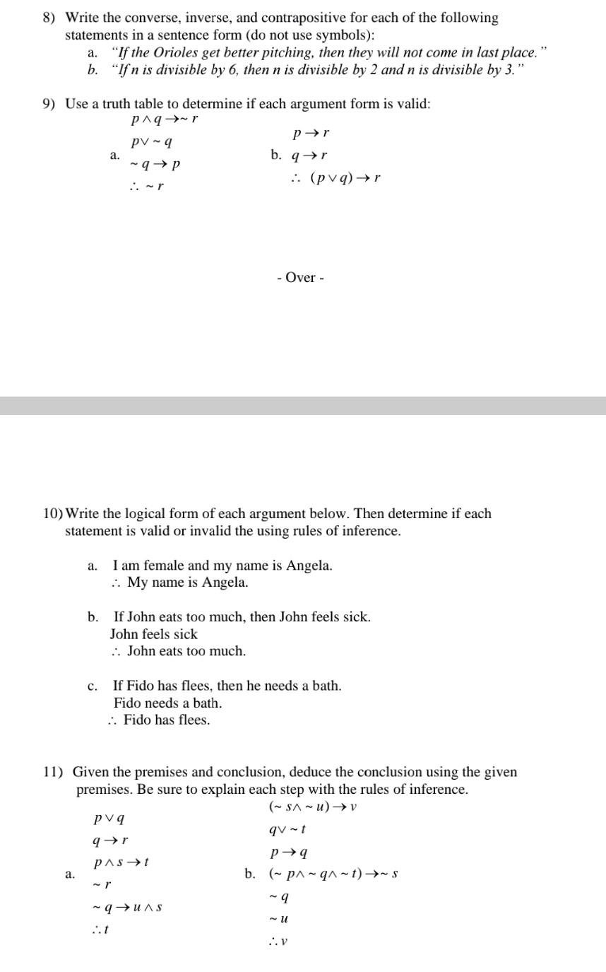 Solved 8) Write the converse, inverse, and contrapositive | Chegg.com