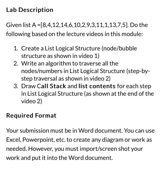 Lab Description Given List 