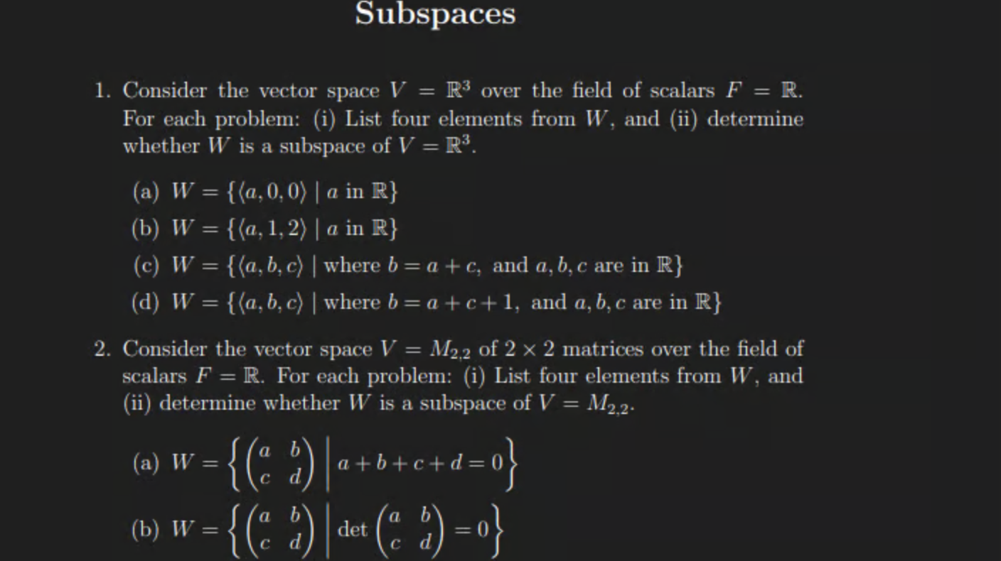 Solved SubspacesConsider the vector space V=R3 ﻿over the | Chegg.com