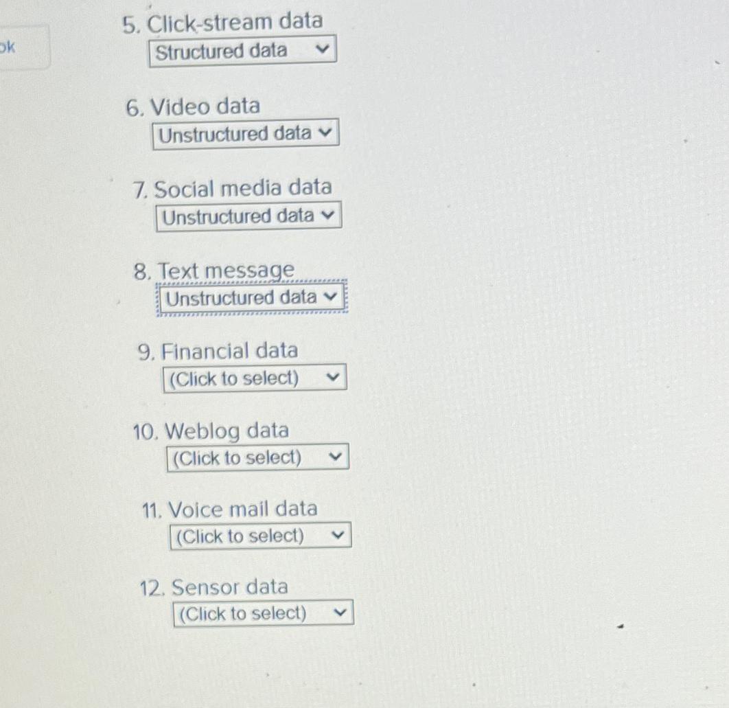 Solved Click-stream dataStructured data vVideo dataSocial | Chegg.com