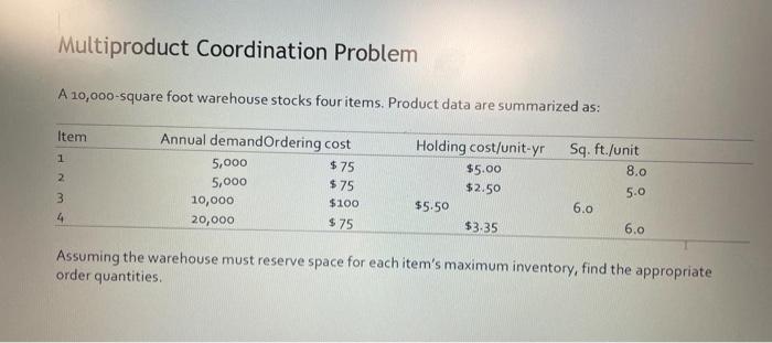 Solved Multiproduct Coordination Problem A 10,000-square | Chegg.com