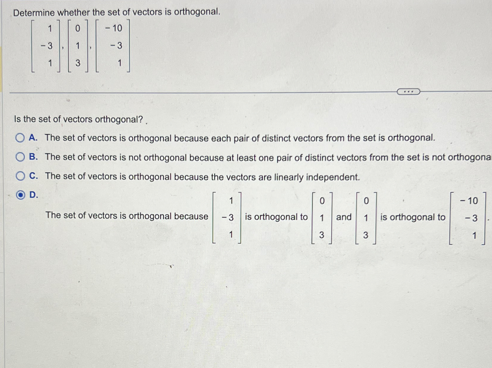 Solved Determine whether the set of vectors is | Chegg.com