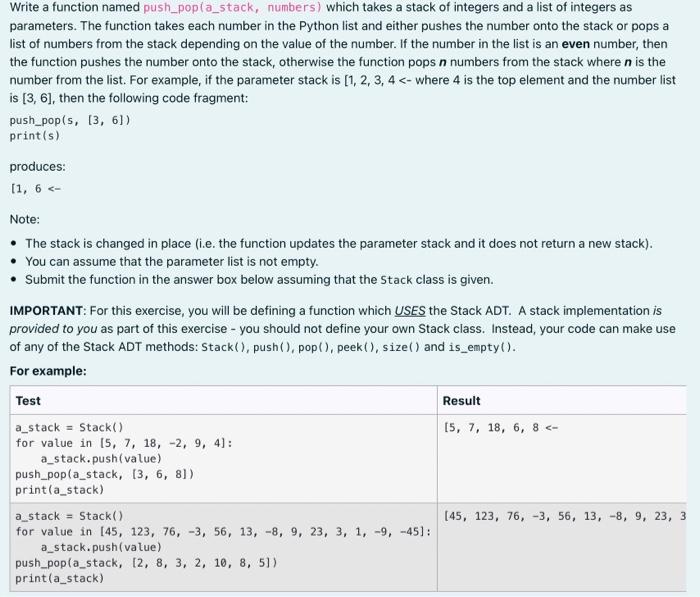 Solved Write a function named push_pop(a_stack, numbers) | Chegg.com