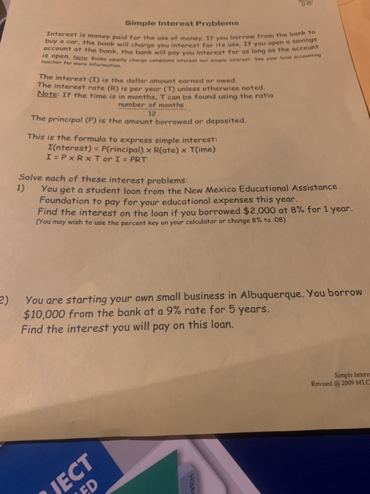 Solved Simple Interest Problems Interest is money paid for | Chegg.com