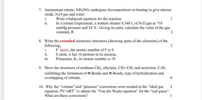 Solved 7. Ammonium nitrate, NH4NO3 undergoes decomposition | Chegg.com