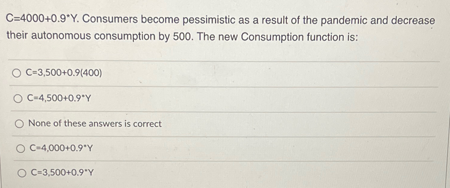 Solved C=4000+0.9**Y. ﻿Consumers become pessimistic as a | Chegg.com