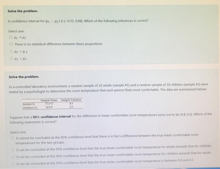Solved Solve the problem. A confidence interval for (p1 - | Chegg.com