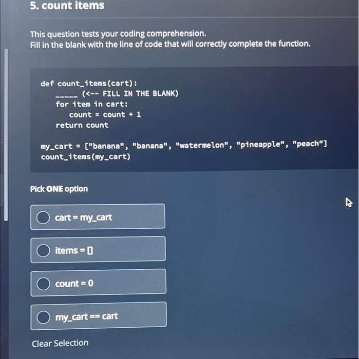 Solved 5. count items This question tests your coding | Chegg.com