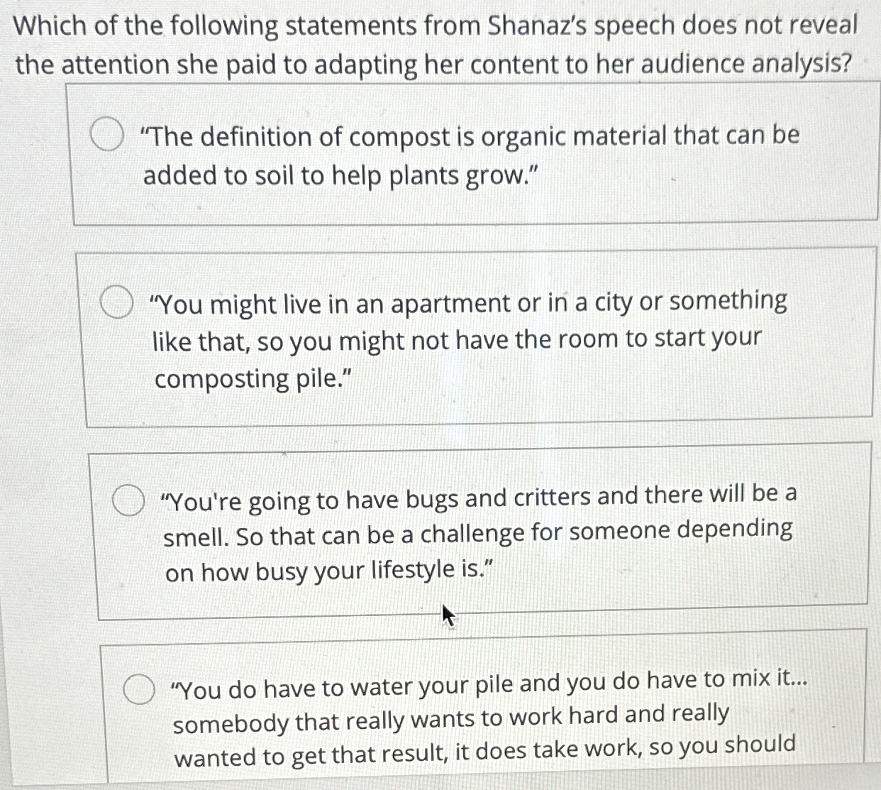 Solved Which of the following statements from Shanaz's | Chegg.com