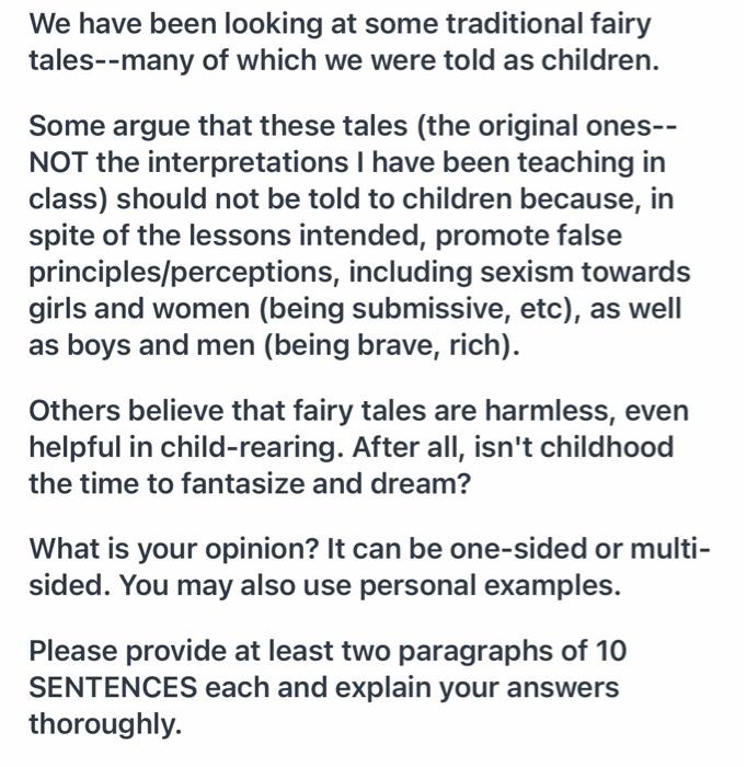 Solved We have been looking at some traditional fairy | Chegg.com