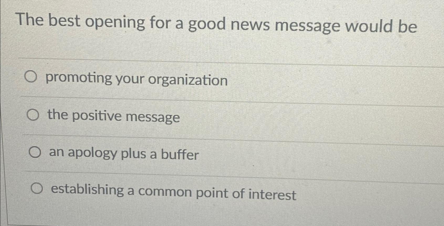 Solved The best opening for a good news message would | Chegg.com