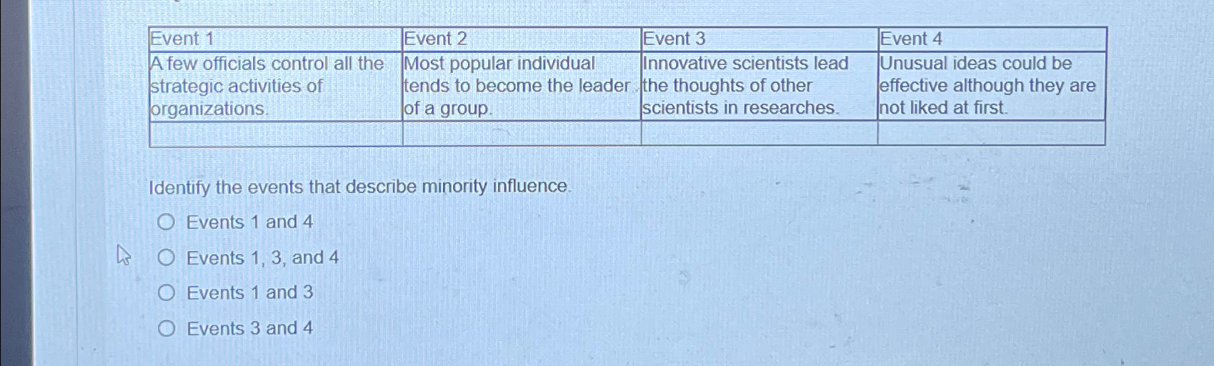 Solved \table[[Event 1,Event 2,Event 3,Event | Chegg.com
