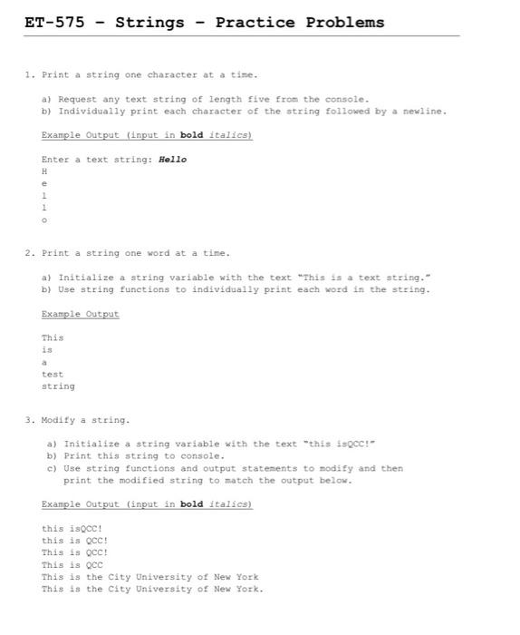 Solved ET-575 - Strings - Practice Problems 1. Print a | Chegg.com
