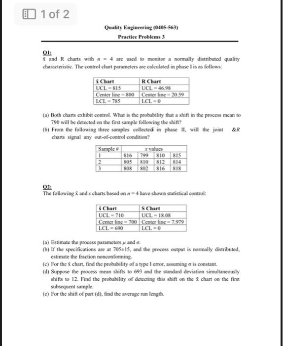 Solved Q1: x^ and R charts with n=4 are used to monitor a | Chegg.com