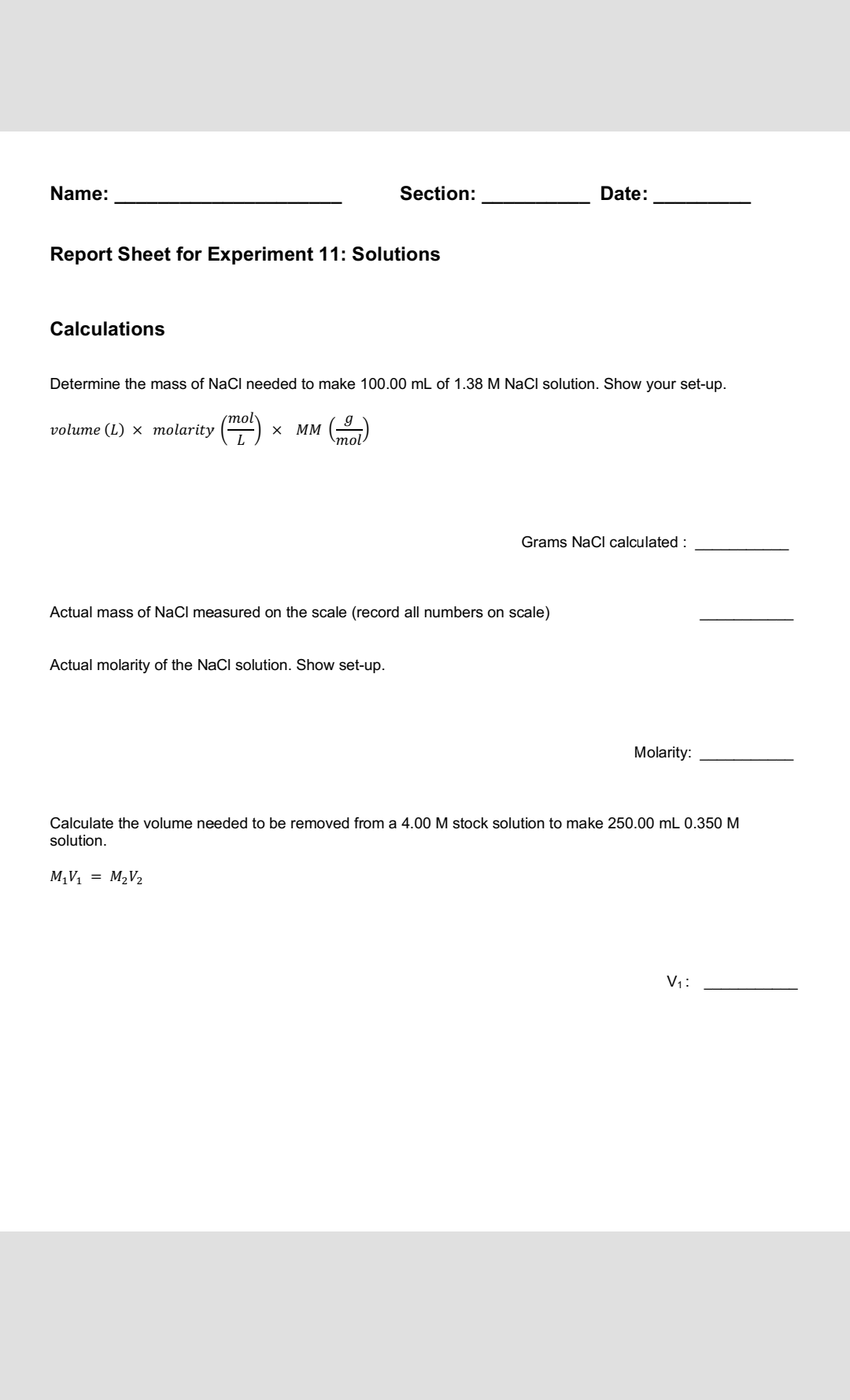 Solved Name: Section: Date: Report Sheet for Experiment 11: | Chegg.com