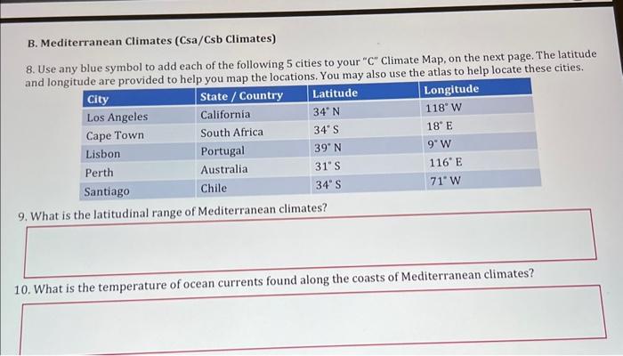 B. Mediterranean Climates (Csa/Csb Climates) 8. Use | Chegg.com