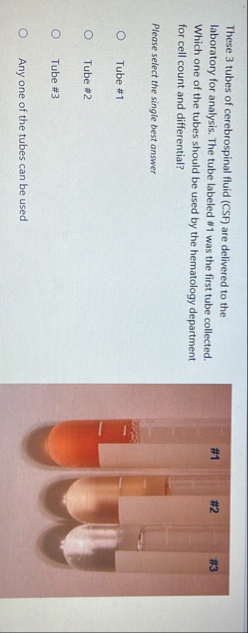 Solved These 3 ﻿tubes of cerebrospinal fluid (CSF) ﻿are | Chegg.com