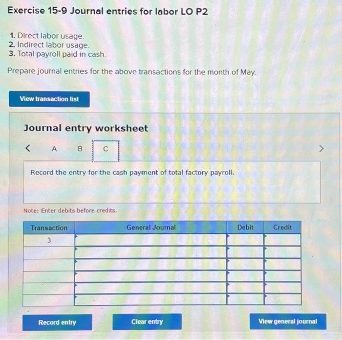 Solved Exercise 15-9 Journal entries for labor LO P2 1. | Chegg.com