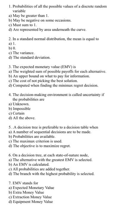 Solved 1. Probabilities of all the possible values of a | Chegg.com