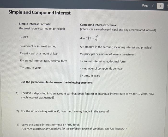 Solved Simple and Compound Interest Simple Interest Formula: | Chegg.com