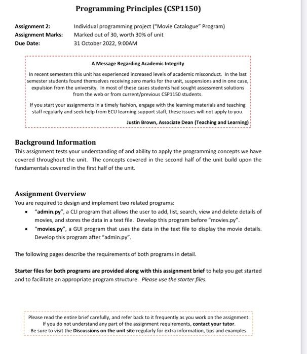 Programming Principles (CSP1150) Assignment 2: | Chegg.com