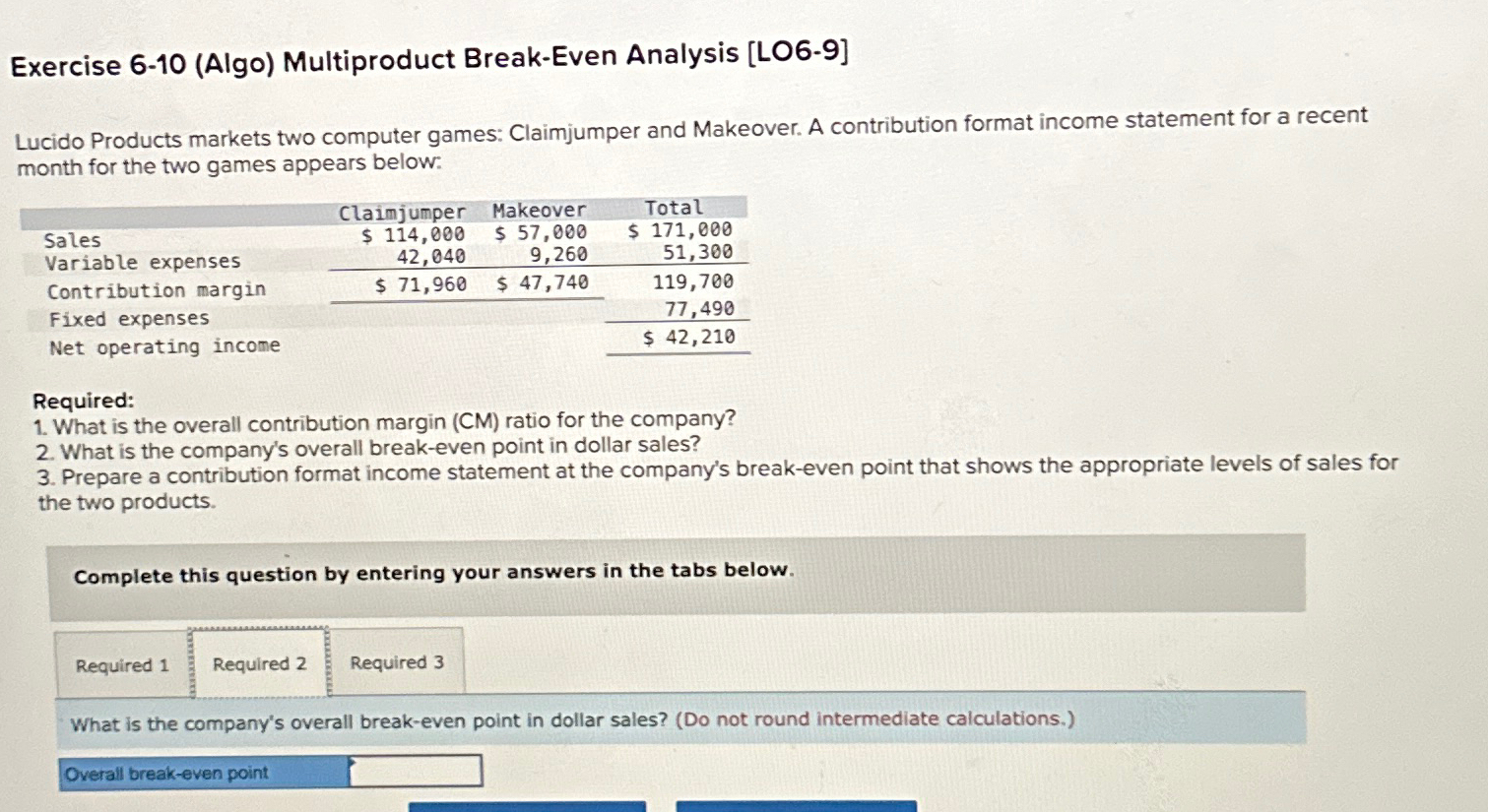 Solved Exercise 6-10 (Algo) ﻿Multiproduct Break-Even | Chegg.com