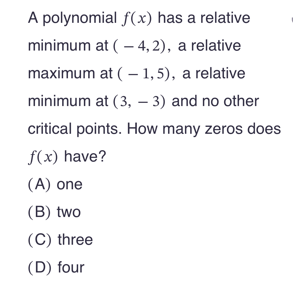 Solved A polynomial f(x) ﻿has a relativeminimum at (-4,2), | Chegg.com
