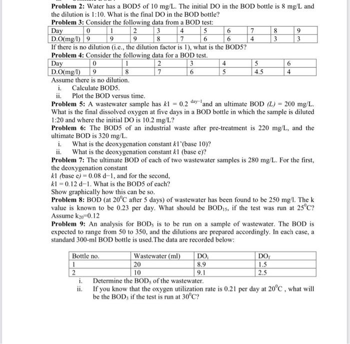 Solved 8 3 al 9 6 4 4 5 6 4 Problem 2: Water has a BOD5 of | Chegg.com