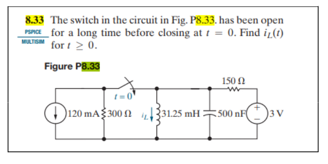 Solved 8.33 ﻿The switch in the circuit in Fig. P8.33. ﻿has | Chegg.com