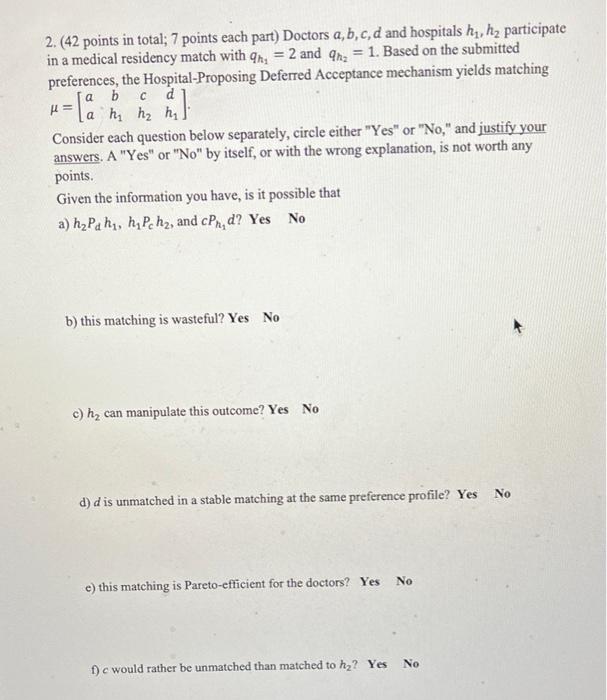 Solved 2. (42 points in total; 7 points each part) Doctors | Chegg.com