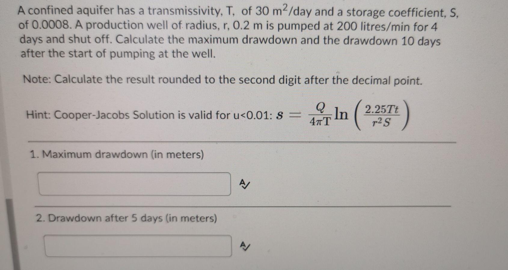 Solved A confined aquifer has a transmissivity, T, of 30 | Chegg.com