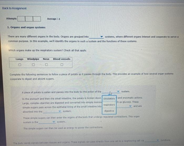 Solved Back to Assignment Attempts Average / 4 1. Organs and | Chegg.com